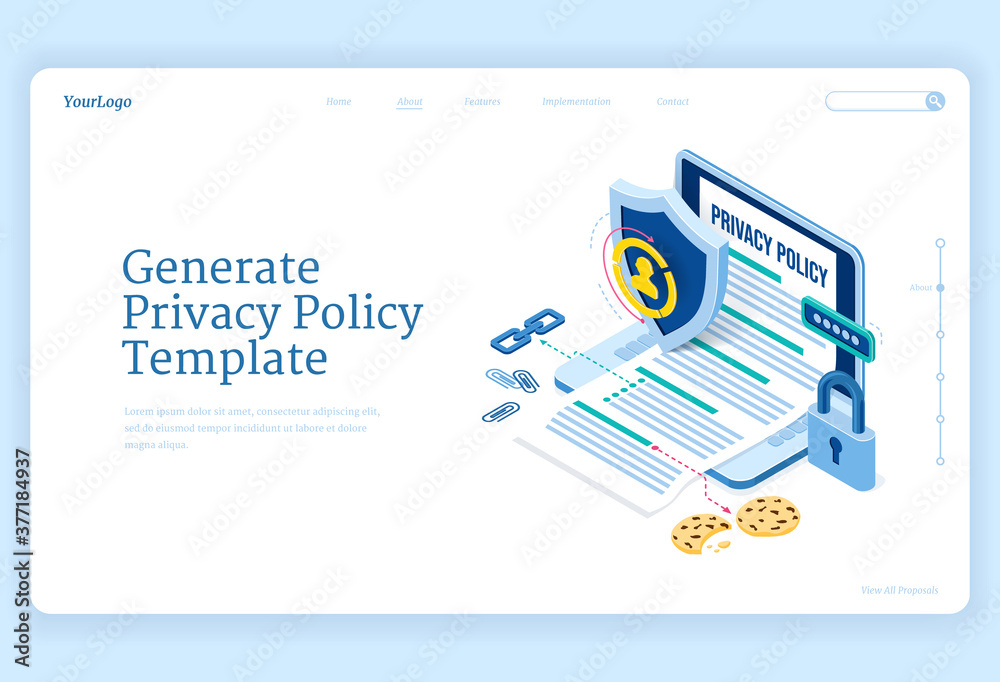 Privacy policy isometric landing page, data protection, digital ...