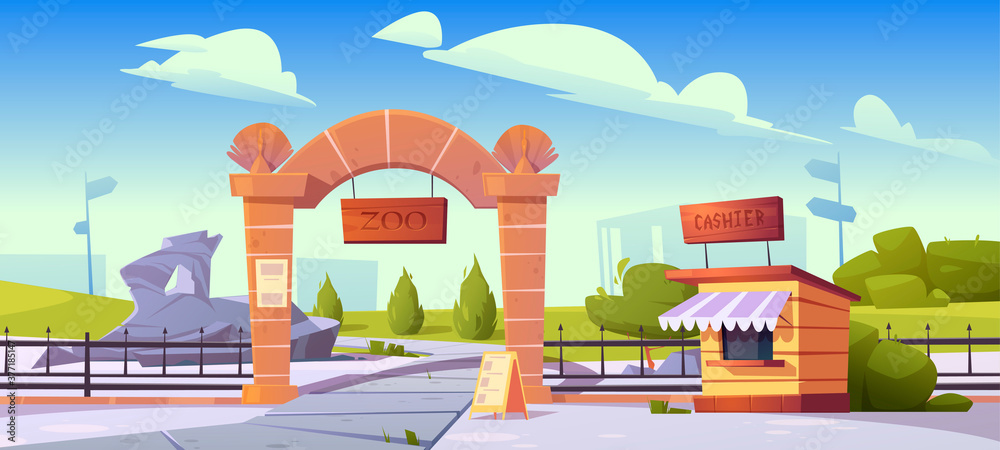 Zoo entrance with wooden board on stone arch and cashier booth ...