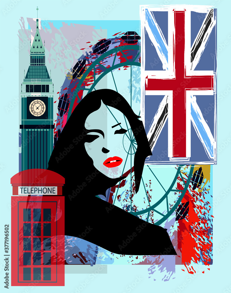 London girl poster with British flag , Big Ben and girl silhouette ...