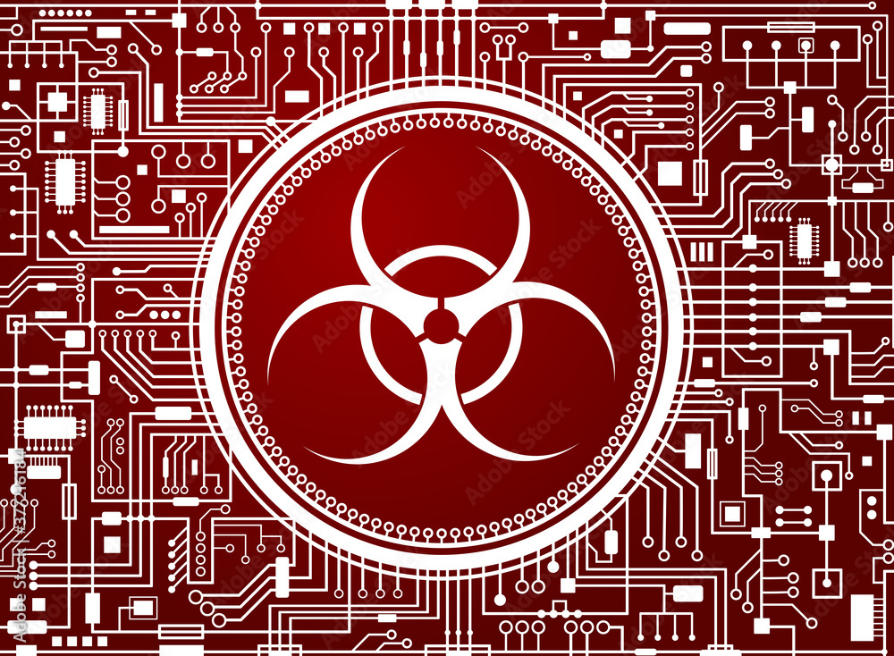 Biohazard red background with huge white warning sign in round center ...
