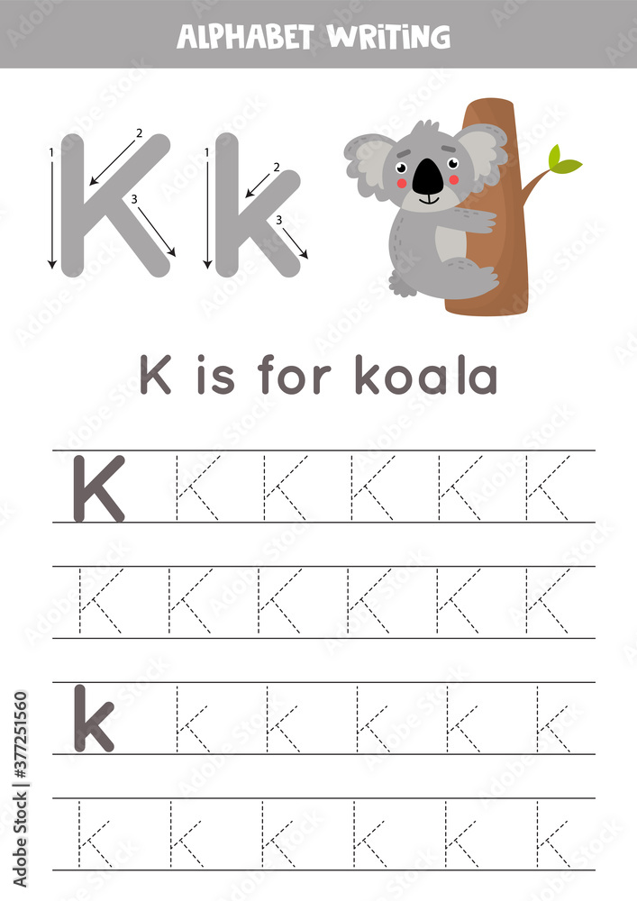 K is for koala. Tracing English alphabet worksheet. Stock Vector ...