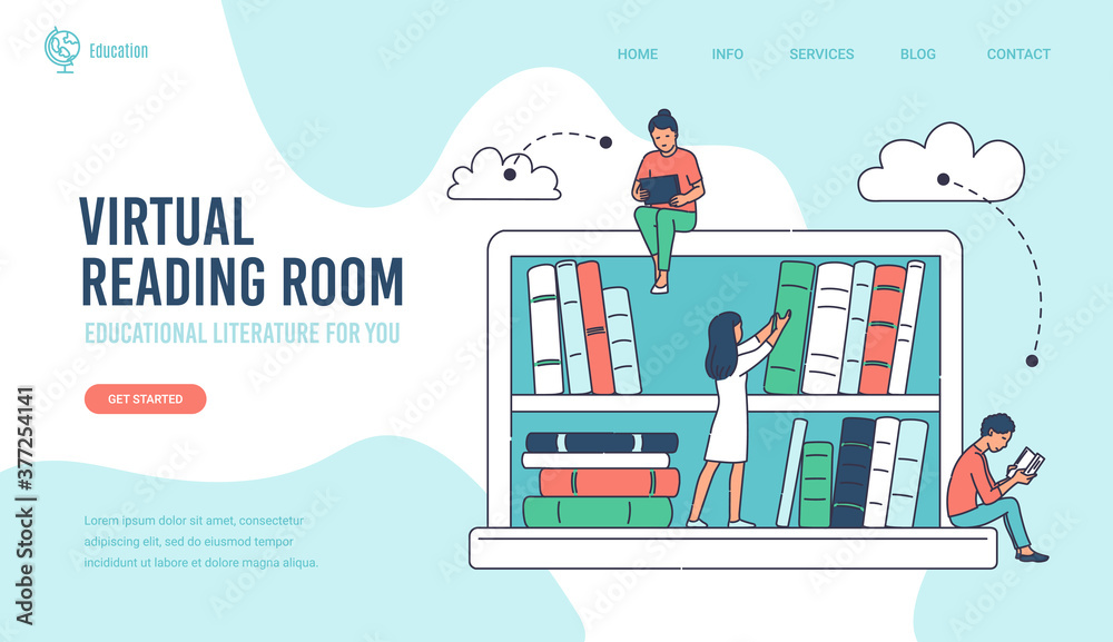 Virtual reading room and library banner cartoon vector illustration ...
