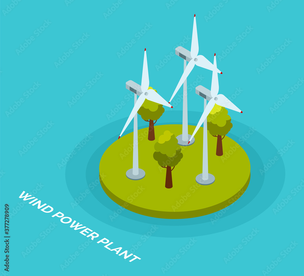 Wind power plant and factory. Wind turbines. Green energy industrial ...