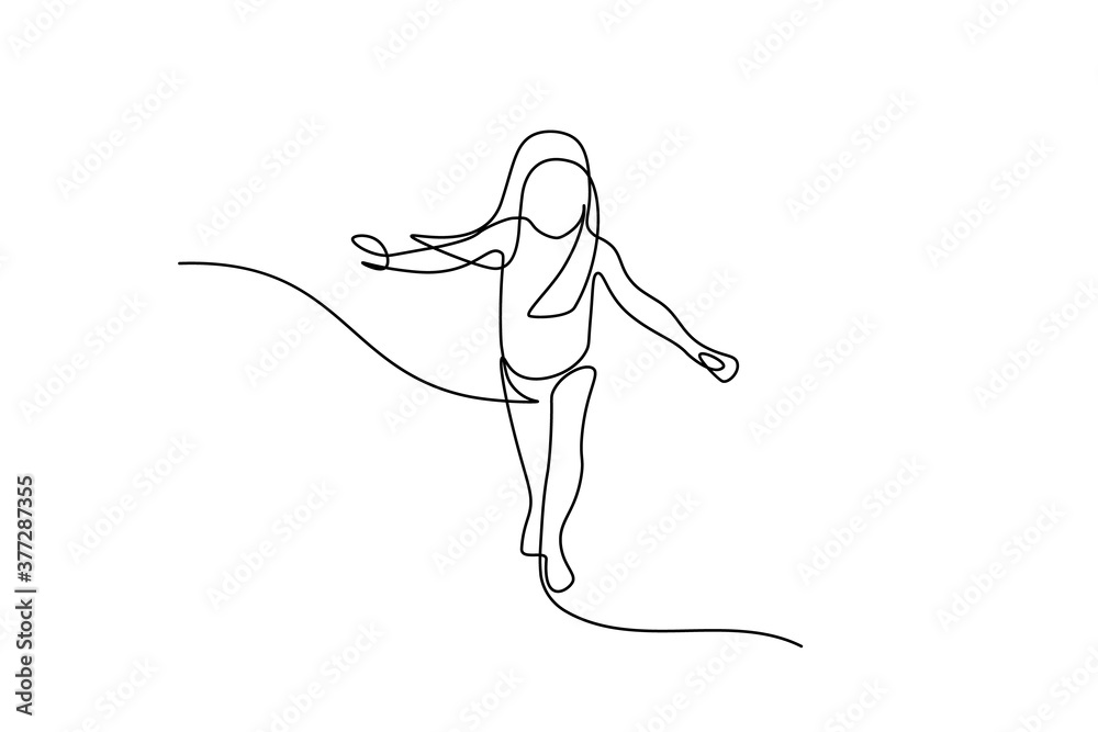 Little girl running in continuous line art drawing style. Front view of ...