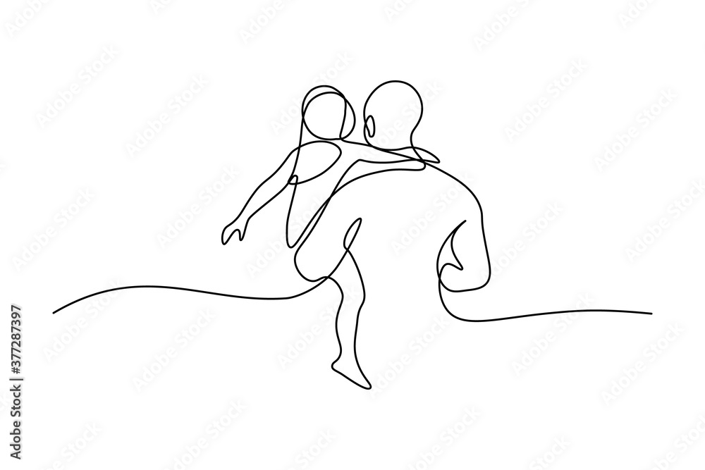 Father with daughter in continuous line art drawing style. Back view of ...
