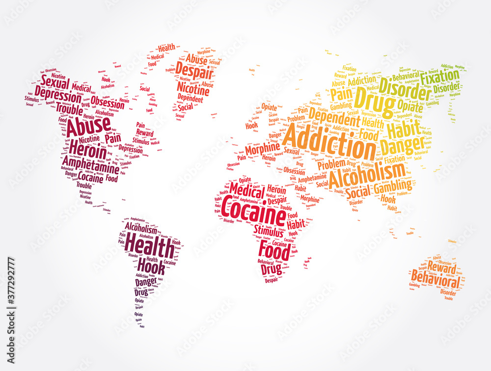 Addiction word cloud in shape of world map, health concept background ...