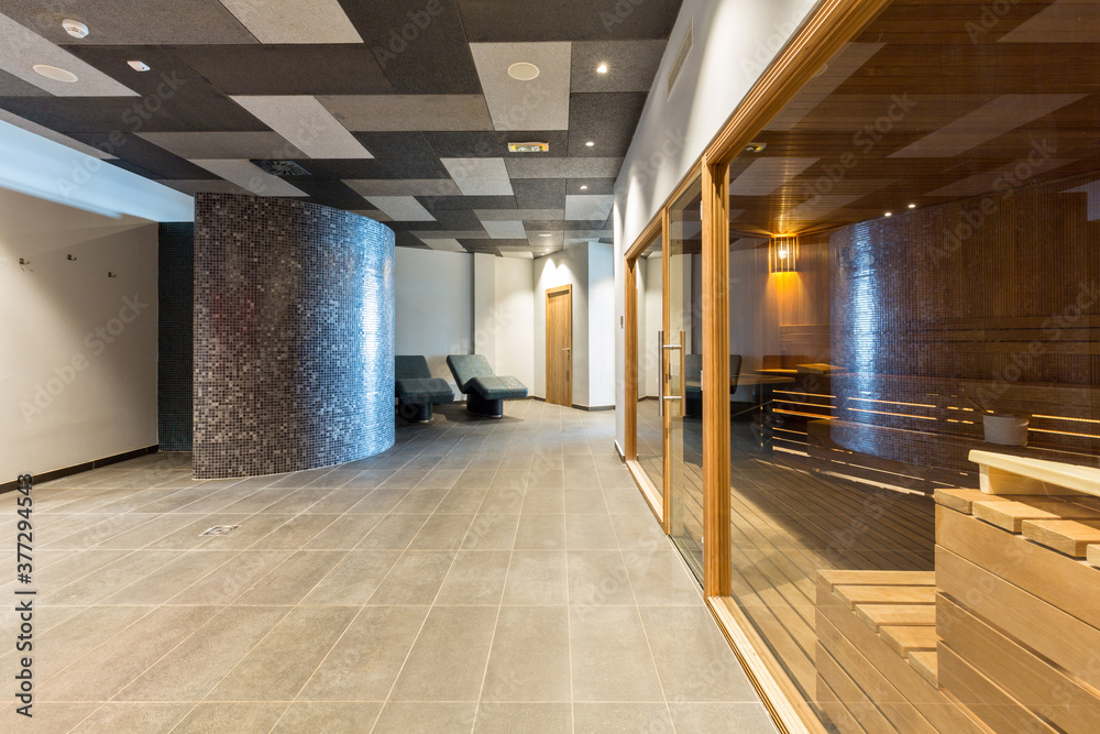Interior of a hot stone sauna in hotel resort Stock Photo | Adobe Stock