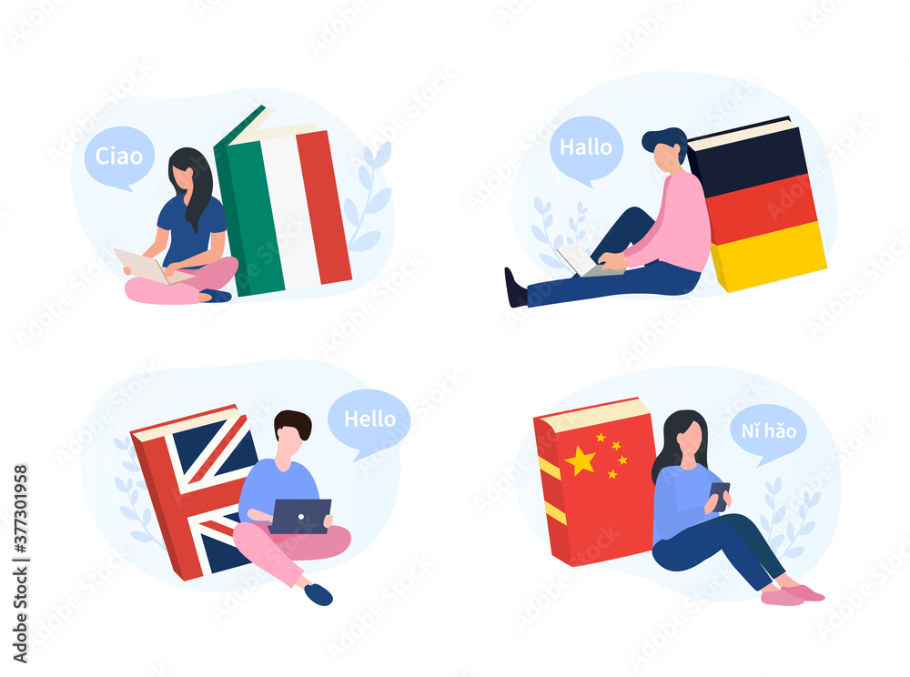 People learning a new language online seated against books with the ...