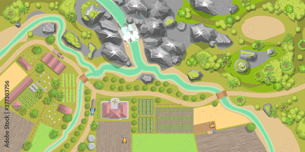 Vector illustration. Green farm in the landscape. (top view) Stock ...