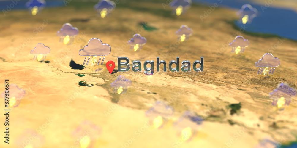 Stormy weather icons near Baghdad city on the map, weather forecast ...