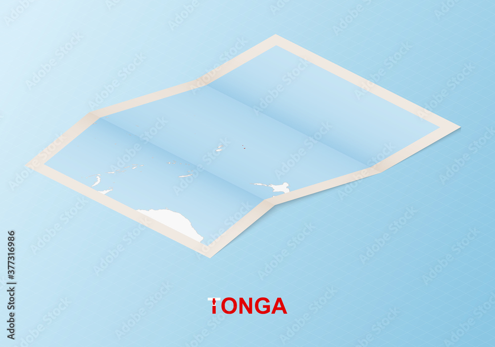 Folded paper map of Tonga with neighboring countries in isometric style ...