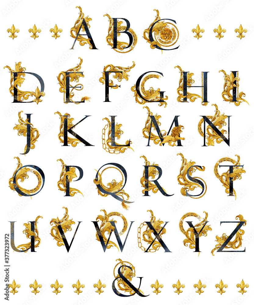 watercolor Alphabet Set. Luxory letters with gold damask curl ...