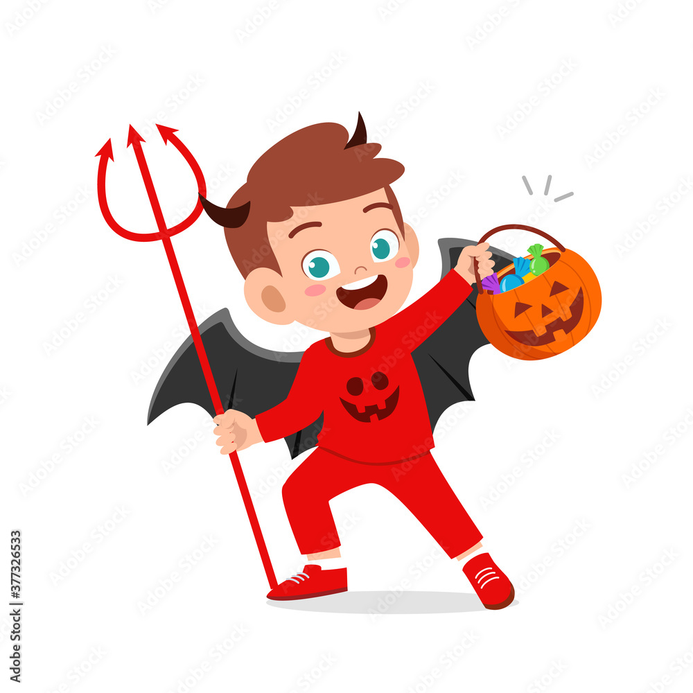 happy cute little kid boy and girl celebrate halloween wears red devil ...