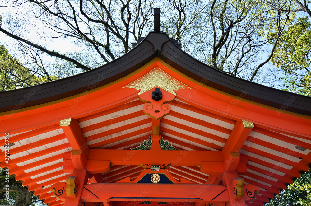 Roof detail at Sumiyoshi Shrine in Fukuoka city, Japan. This shrine is ...