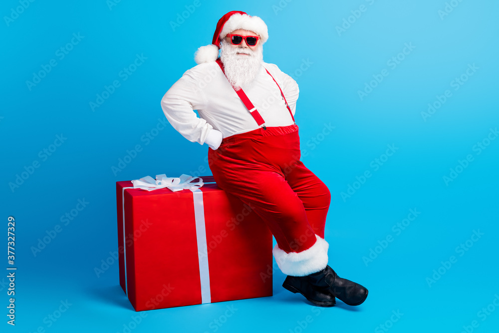Full size photo of cool fat overweight santa claus with big abdomen sit ...