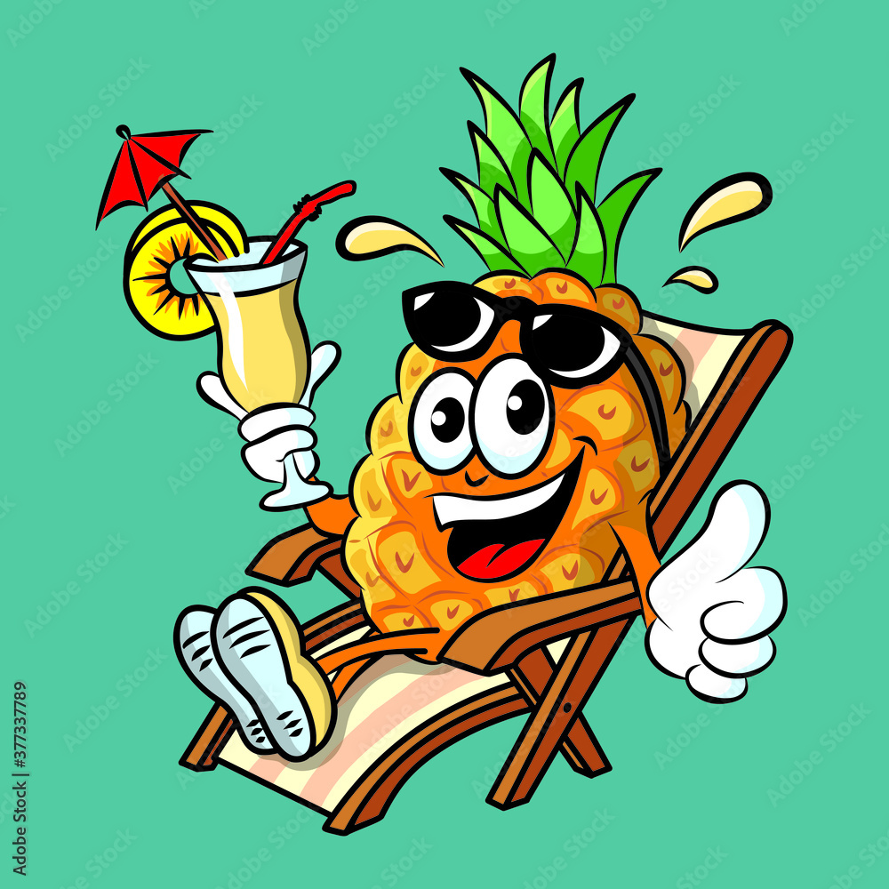 Funny cartoon pineapple character drinking Pina Colada cocktail having ...