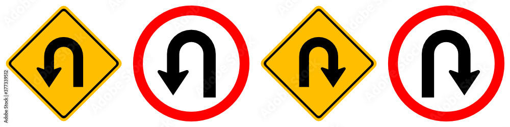 U-turn left and right traffic road sign vector set isolated on white ...