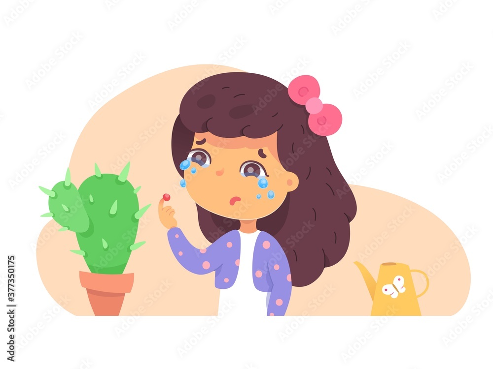 Small girl touching cactus and crying. Sad kid hurt finger pricking ...