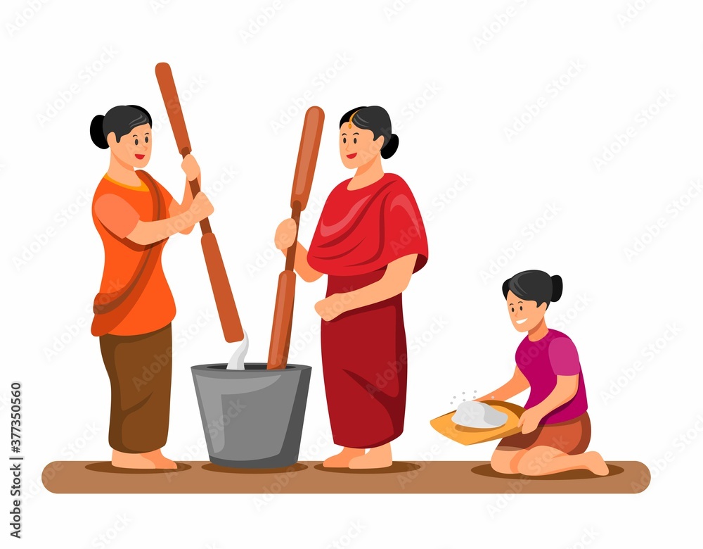 Asian woman pounding and cleaning rice traditional activity in village ...
