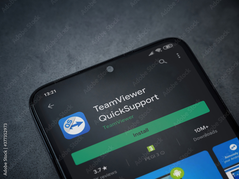 TeamViewer QuickSupport app play store page on the display of a black ...