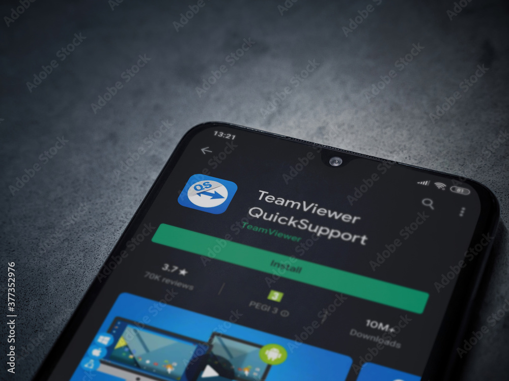 TeamViewer QuickSupport app play store page on the display of a black ...