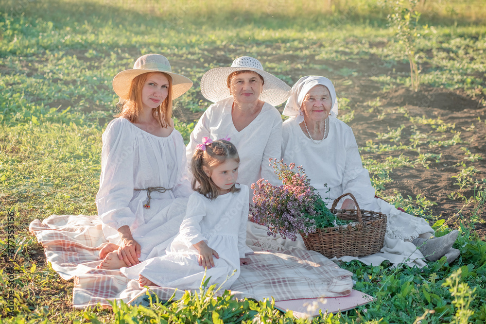 Four generations of women of the same family sit on a blanket in a ...