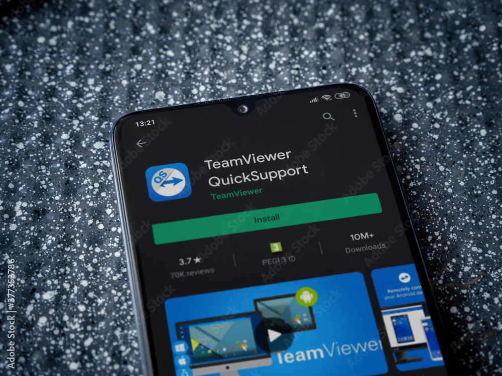 TeamViewer QuickSupport app play store page on the display of a black ...