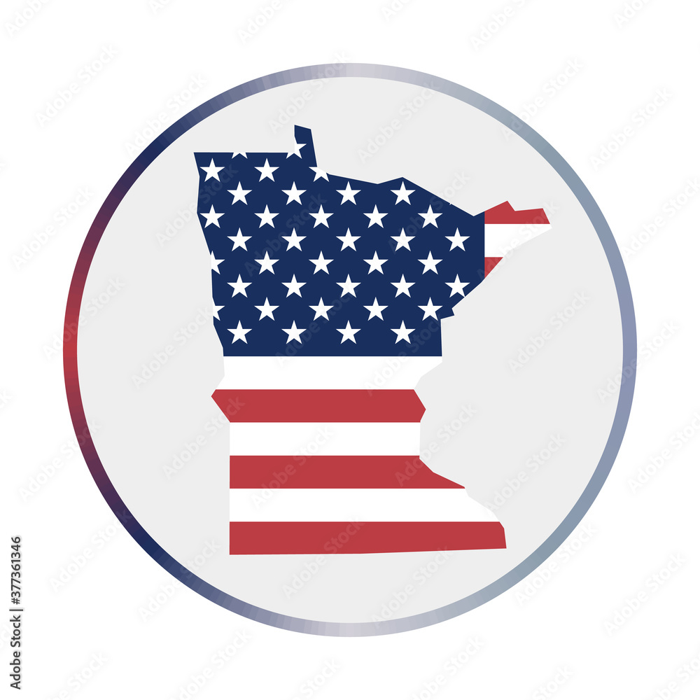 Minnesota icon. Shape of the us state with Minnesota flag. Round sign ...