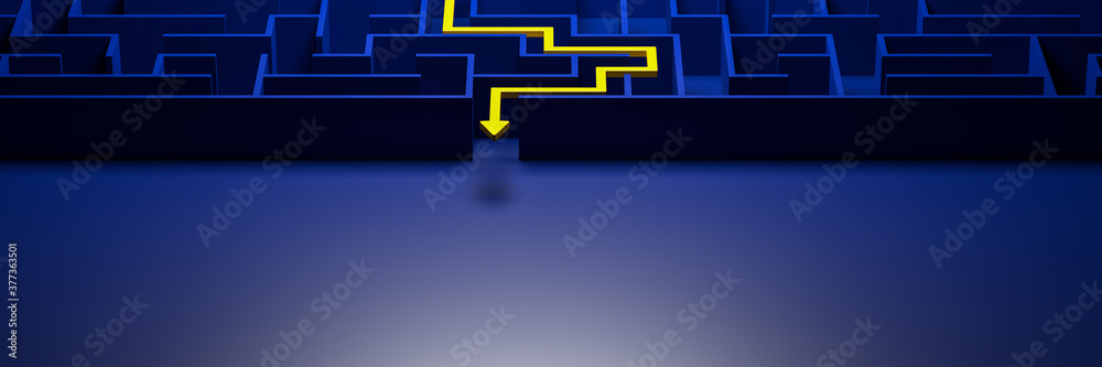 3d rendering: Concept - solving a complex problem. Blue maze and floor ...