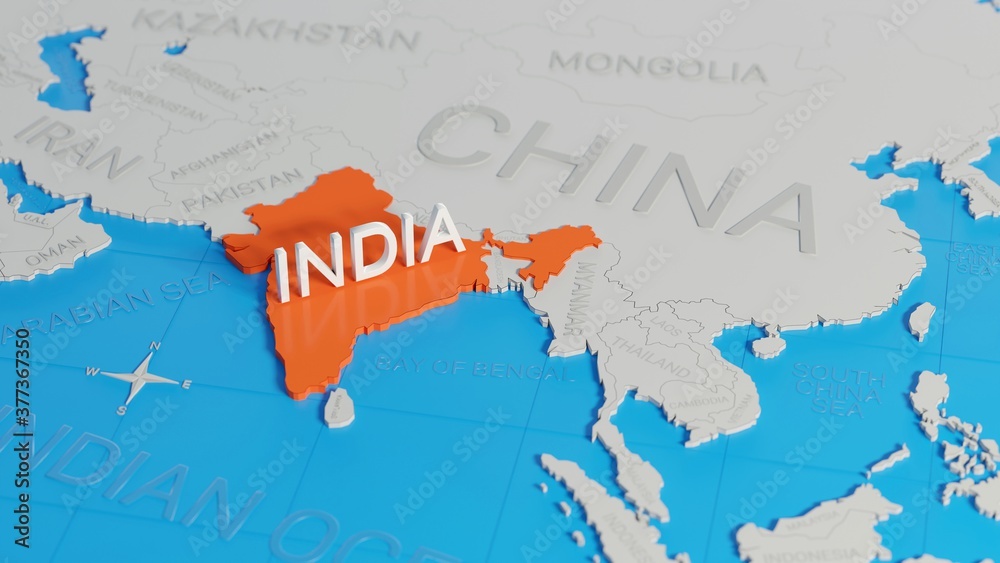 India highlighted on a white simplified 3D world map. Digital 3D render ...