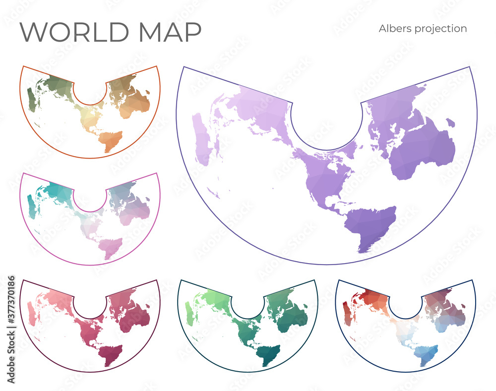 Low Poly World Map Set. Albers equal-area conic projection. Collection ...
