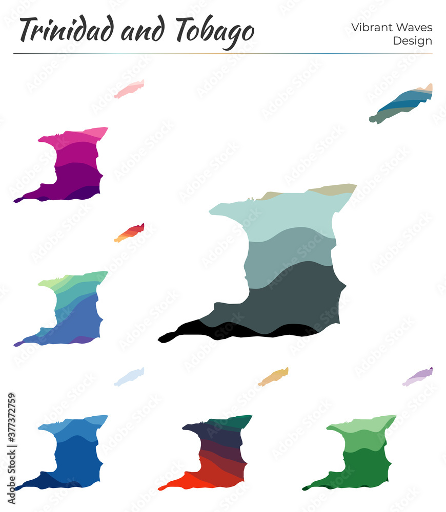 Set of vector maps of Trinidad and Tobago. Vibrant waves design. Bright ...