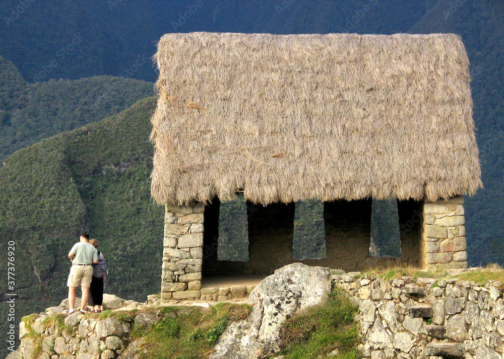 Thatch roof on remains of ancient watchtower of Machu Picchu, Peru foto ...