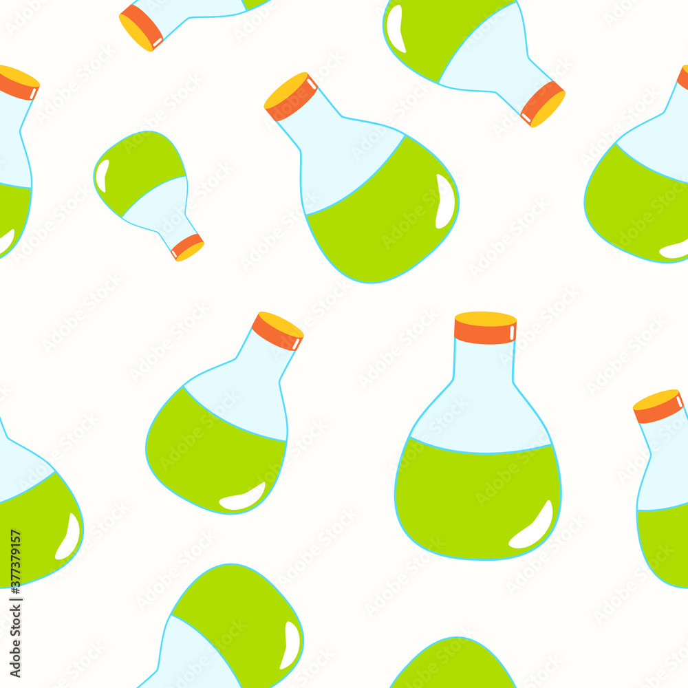 Seamless pattern with green magic potion bottles on white background ...
