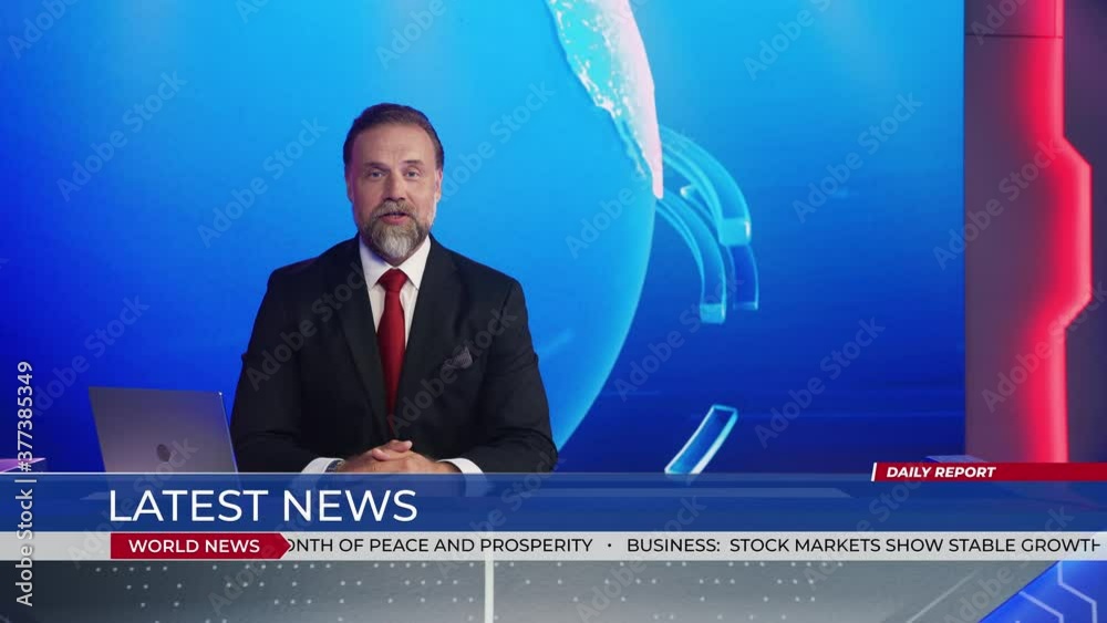 Vidéo Stock Live News Studio with Charismatic Male Newscaster Having ...