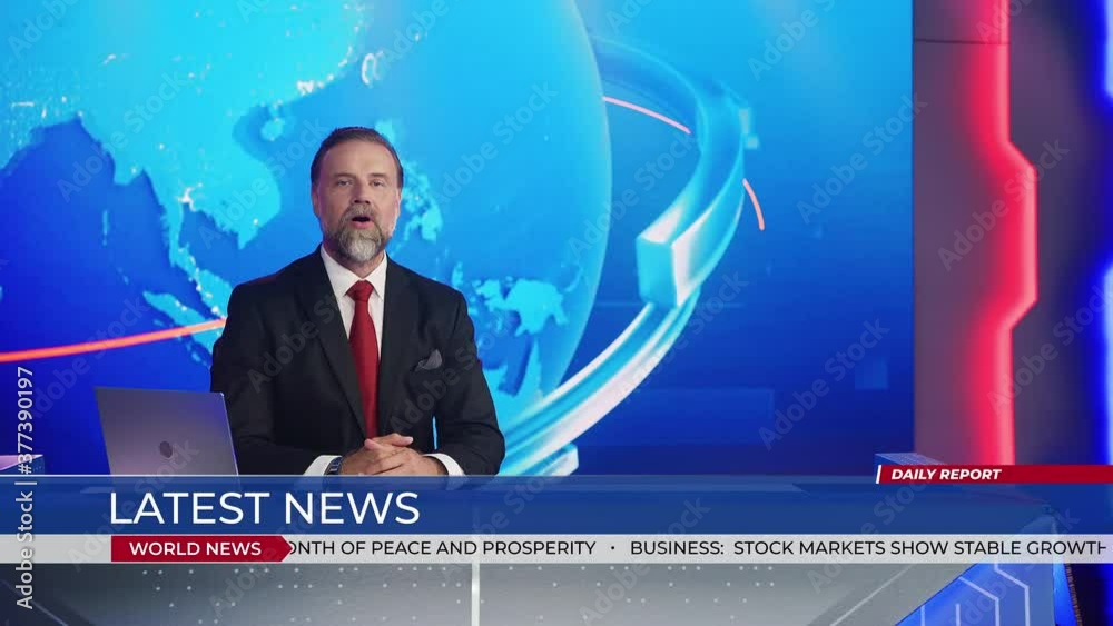 Live News Studio with Professional Male Anchor Reporting on the Events ...