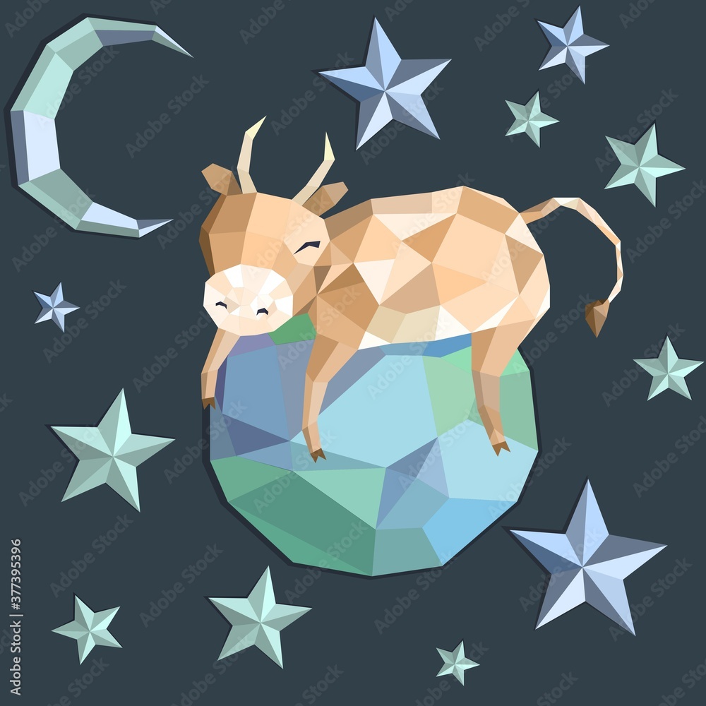 Vector illustration of a beautiful cow or bull with moon and stars for ...