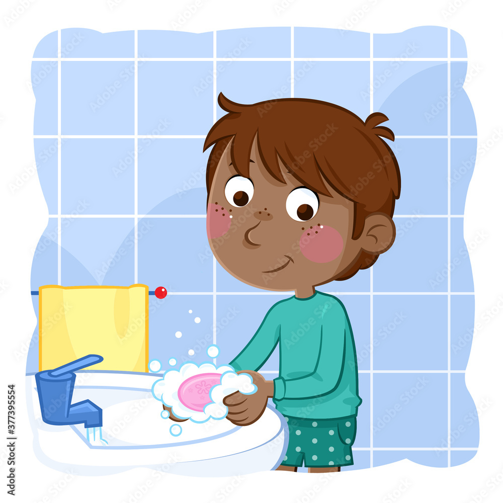 Washing hands - Kids and hygiene - Daily routine of a little black boy ...