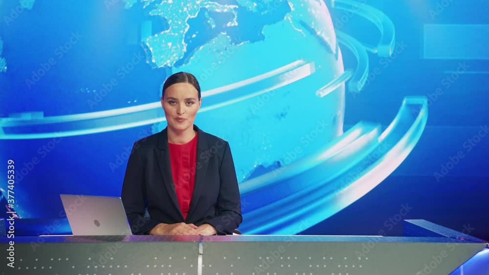 Live News Studio with Professional Female Newscaster Reporting on the ...