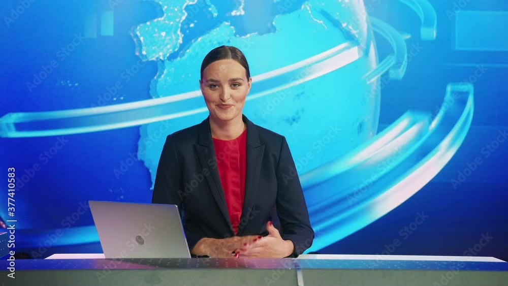 Live News Studio with Professional Female Newscaster Reporting on the ...