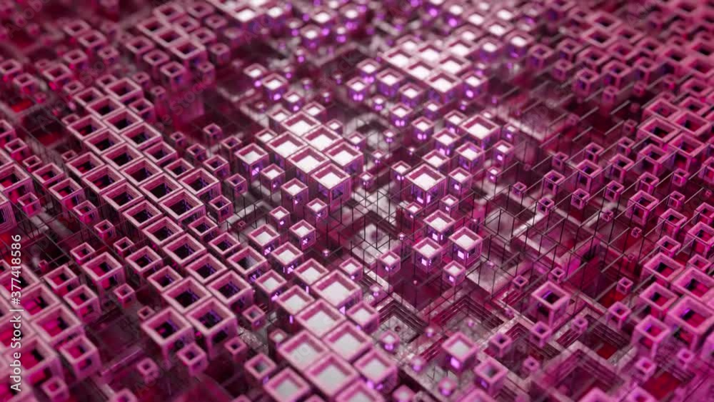 3D animation of colorful glass rows of cubes floating through the prog ...