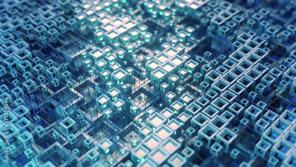 3D animation of colorful glass rows of cubes floating through the prog ...