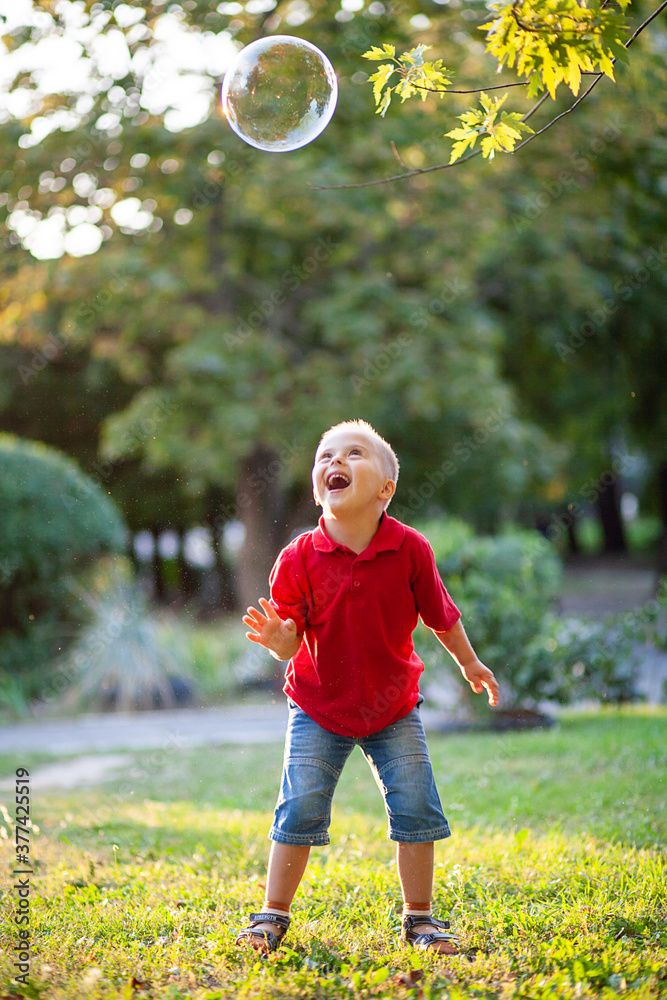 Little cute boy with Down Syndrome plays with huge soap bubbles in the ...