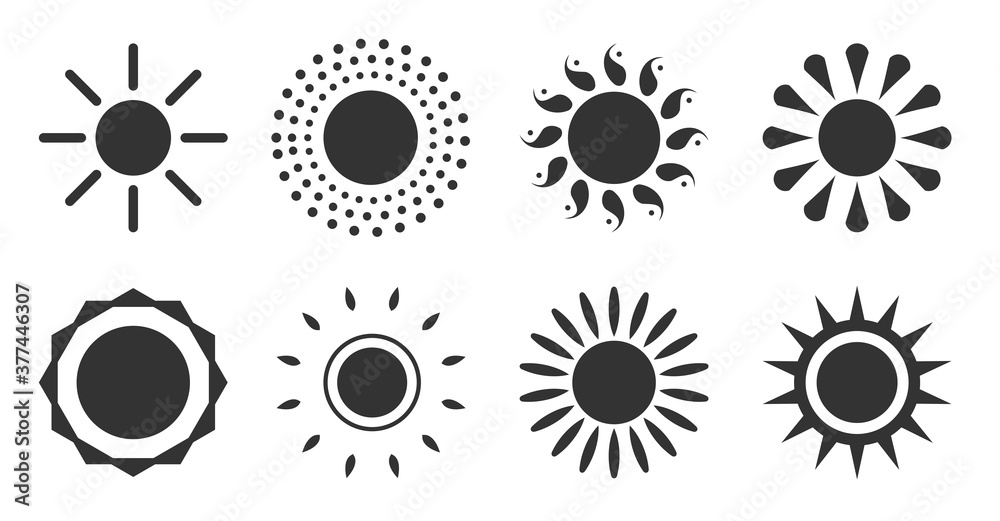 Set of sun with ray glyph icons. Simple black silhouette sign warm ...