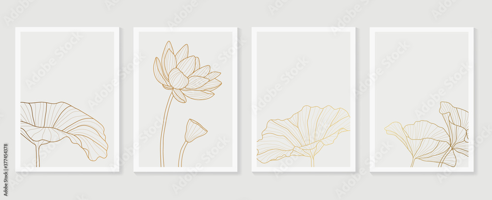 Vetor de Luxury cover design template. Lotus line arts hand draw gold ...