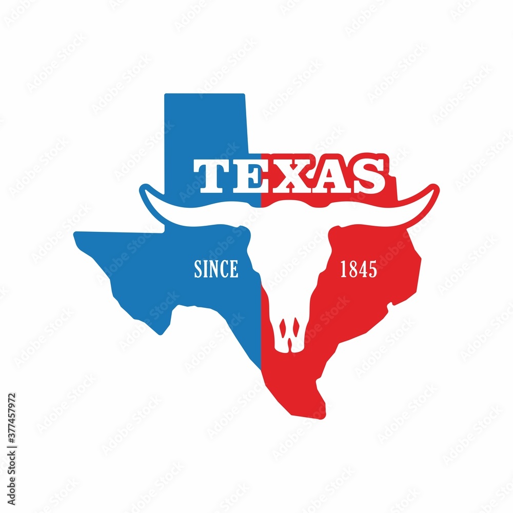 Color illustration of a bull skull, text, map of the state of Texas ...