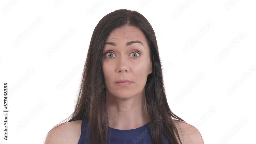 Close up portrait of Caucasian woman raising eyebrows high, opening ...