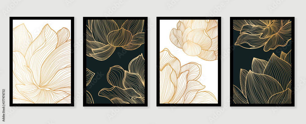Luxury cover design template. Lotus line arts hand draw gold lotus ...