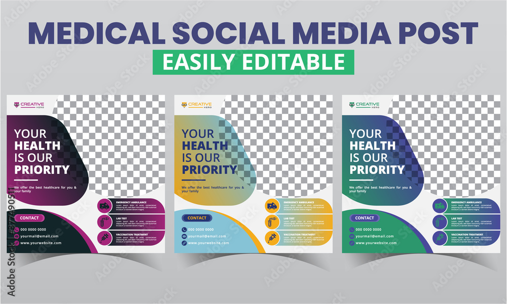 Medical social media post design Vector editable templates. Modern ...