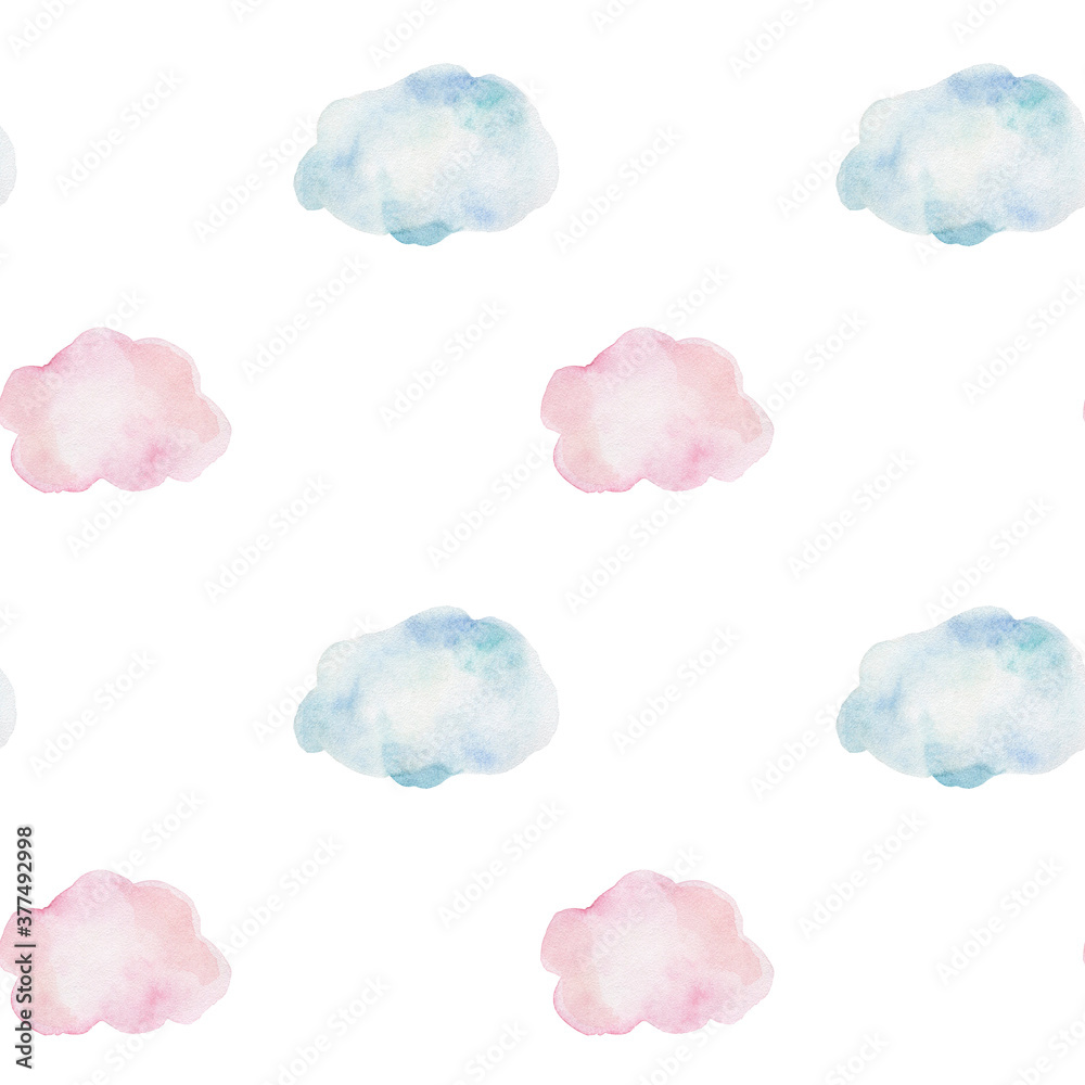 Seamless pattern pink and blue clouds; watercolor hand draw ...
